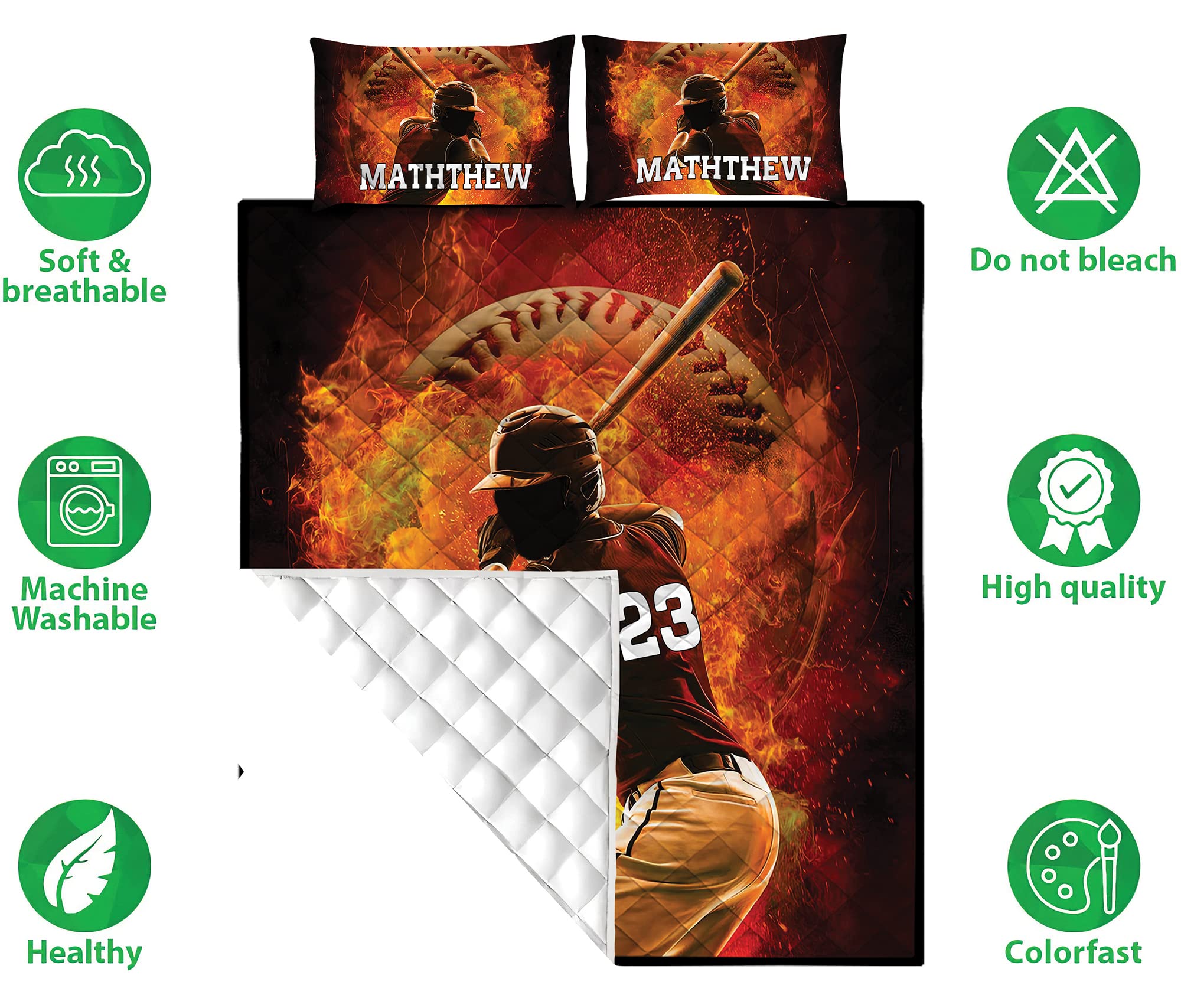 COZZBED Custom Flame Baseballer Quilt Set with Your Name, Baseball Bedding King Queen Twin Throw, Boys Baseball Comforter Set, Super Soft Lightweight All Season Baseball Blanket Bedspreads