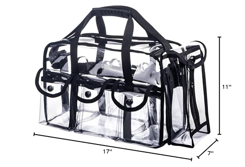 Wide Open Large Professional Clear PVC Travel Makeup Artist Set Bag Cosmetic Nails Beauty Bag Transparent Vinyl Tool Organizer Work Bag Beach Bag Diaper Bag with 6 External Pockets & Strap (Black)