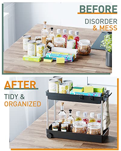Under Sink Organizer, 2 Tier Under Bathroom Cabinet Storage, Pull Out Under Sink Storage Rack, Under Cabinet Organizer and Storage with Hooks, Multi-purpose Shelf Organizer for Bathroom/Kitchen