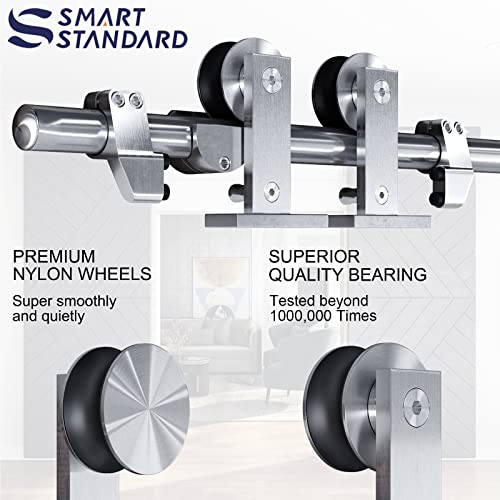 SMARTSTANDARD 12 Feet Top Mount Double Sliding Hardware Kit-Stainless Steel Heavy Duty Sturdy Barn Track-Simple and Easy to Install-Fit 36β Wide Door Panel (T Shape Hanger)