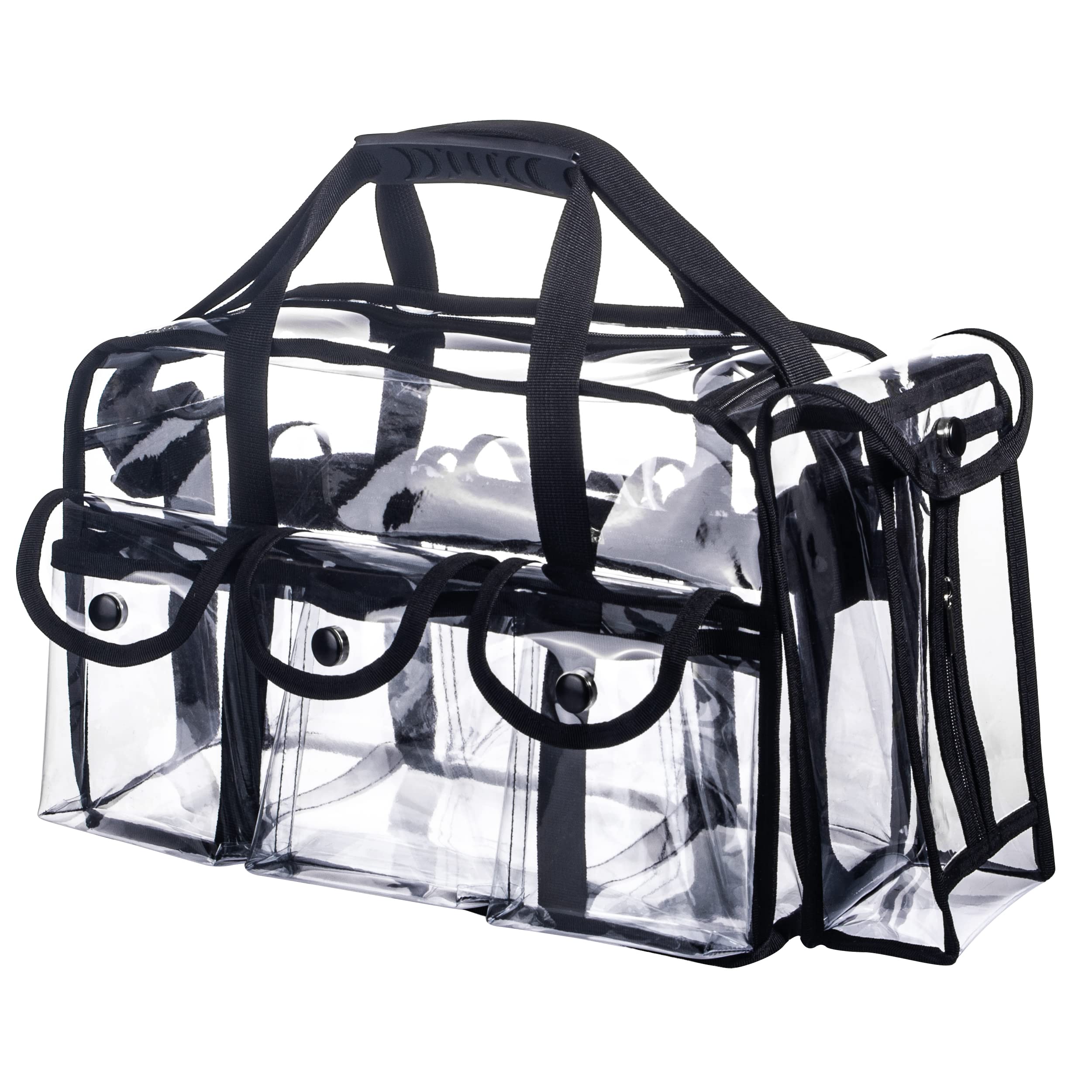 Wide Open Large Professional Clear PVC Travel Makeup Artist Set Bag Cosmetic Nails Beauty Bag Transparent Vinyl Tool Organizer Work Bag Beach Bag Diaper Bag with 6 External Pockets & Strap (Black)