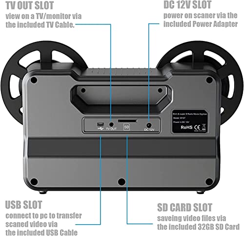 8mm & Super 8 Films Digitizer Converter, Film Scanner Converts Film Frame by Frame to Digital MP4 Files,with Vibrant 2.4" Screen, Viewing, Sharing & Saving on SD Card(Included) for 3” and 5” Reels
