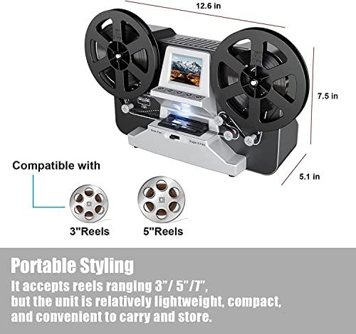 8mm & Super 8 Films Digitizer Converter, Film Scanner Converts Film Frame by Frame to Digital MP4 Files,with Vibrant 2.4" Screen, Viewing, Sharing & Saving on SD Card(Included) for 3” and 5” Reels