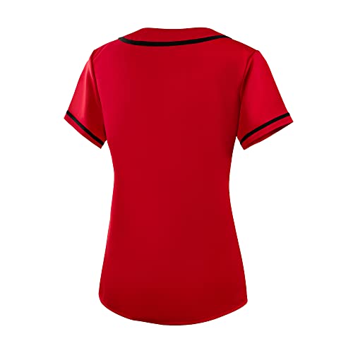EALER BJW80 Womens Button Down Baseball Jersey, Blank Softball Team Uniform, Hip Hop Hipster Plain Tshirts Short Sleeve Active Tee Shirts Red