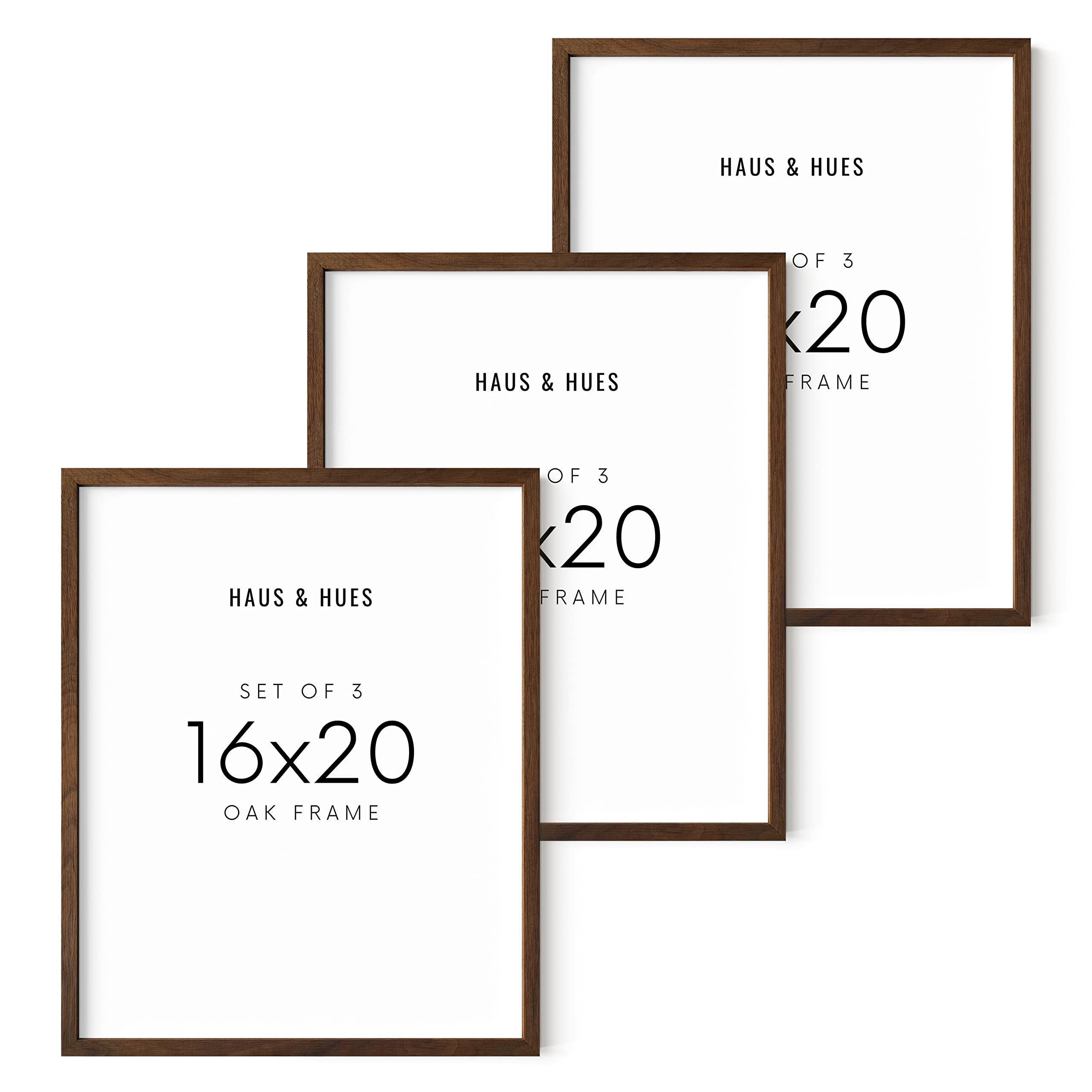 HAUS AND HUES 16x20 Frames Set of 3 - Walnut 16x20 Poster Frames for Wall, 16 x 20 Picture Frames Wood 16x20 Inch Frame, Wooden Gallery Wall Frame Set, 3 Piece 20 x 16 Photo Frame