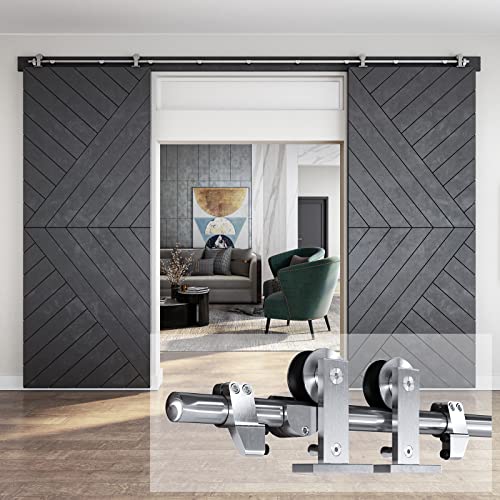 SMARTSTANDARD 12 Feet Top Mount Double Sliding Hardware Kit-Stainless Steel Heavy Duty Sturdy Barn Track-Simple and Easy to Install-Fit 36“ Wide Door Panel (T Shape Hanger)
