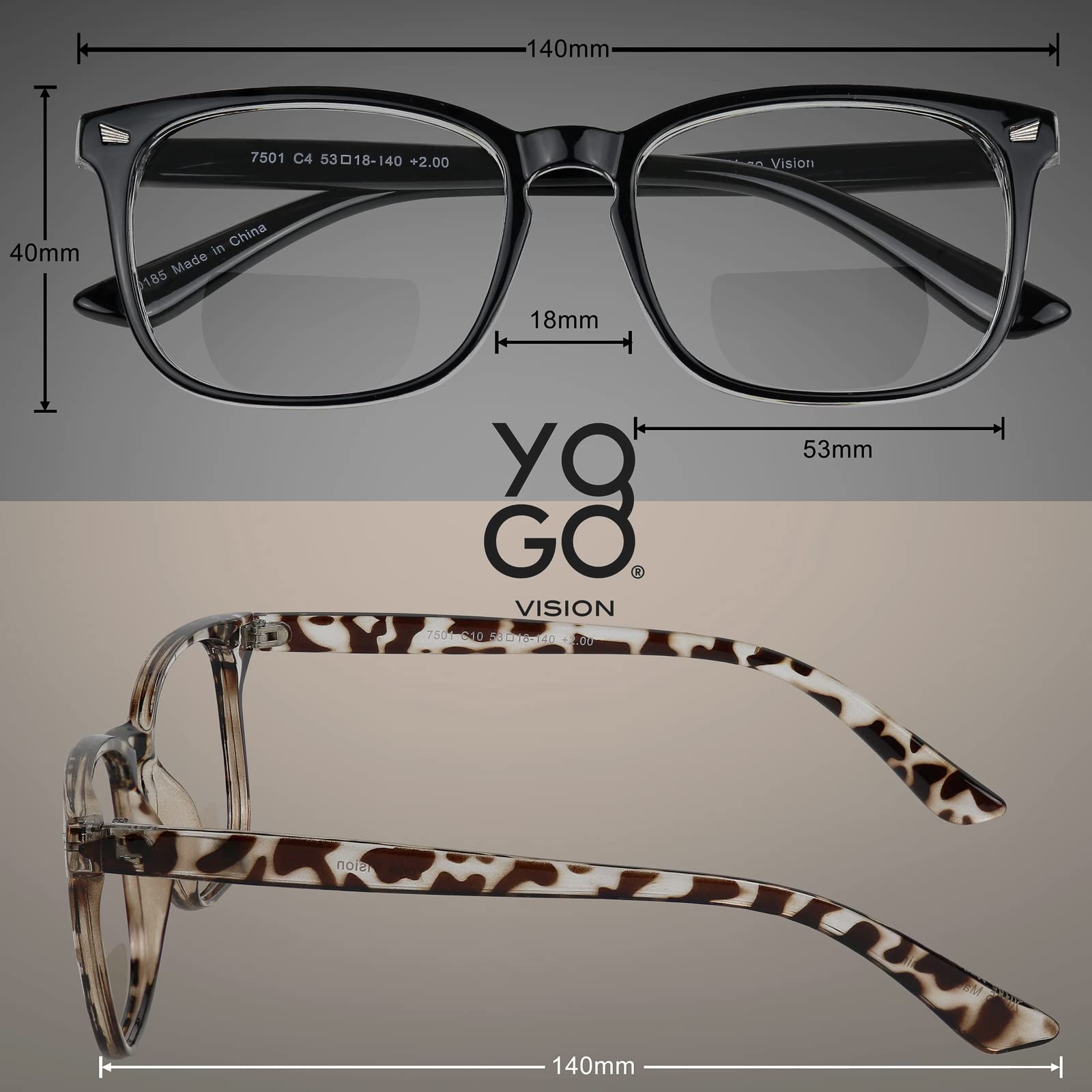 Yogo Vision Bifocal Reading Glasses for Women Men Rectangle Multifocal Readers Fashion Nerd Eyeglasses 3 Pack: Black, Clear, Grey Havana 2.75