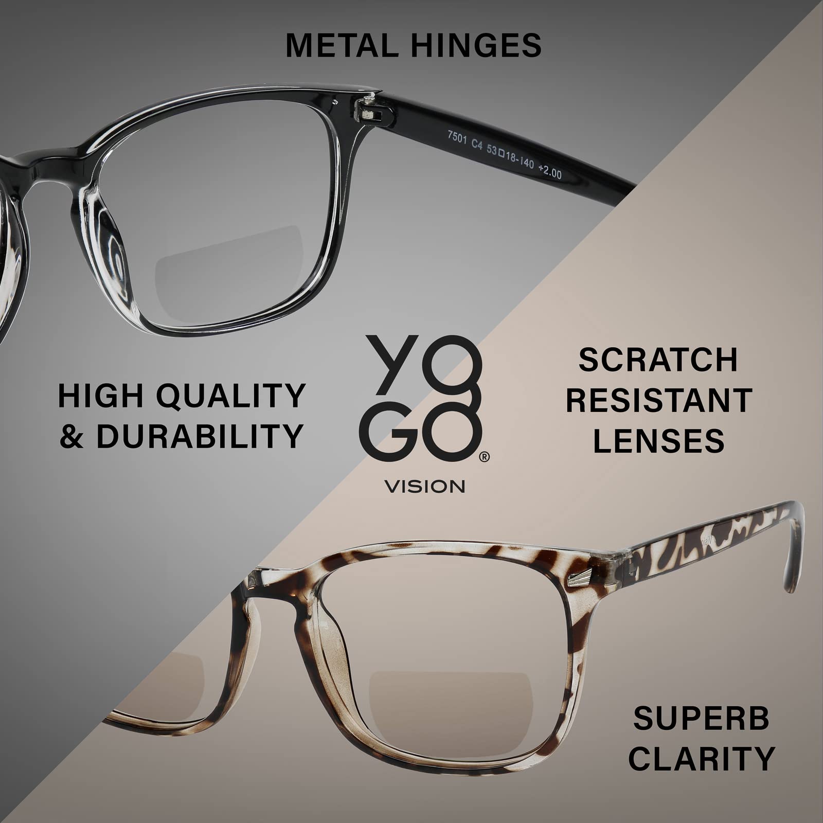 Yogo Vision Bifocal Reading Glasses for Women Men Rectangle Multifocal Readers Fashion Nerd Eyeglasses 3 Pack: Black, Clear, Grey Havana 2.75