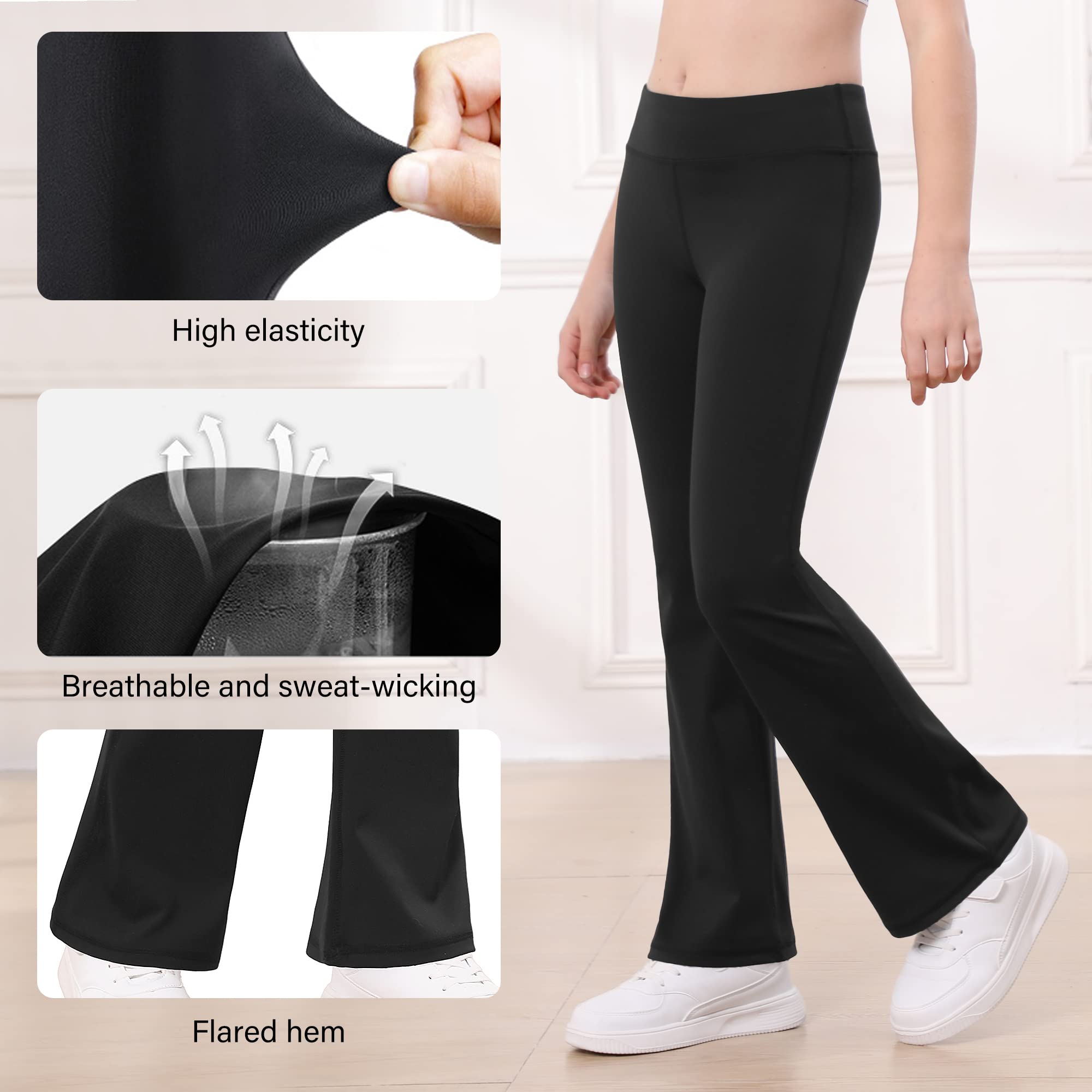Stelle Girl's Flare Leggings High Waisted Yoga Pants Bootcut Dance Casual Pants Activewear Kids Bell Bottoms(Black,S)
