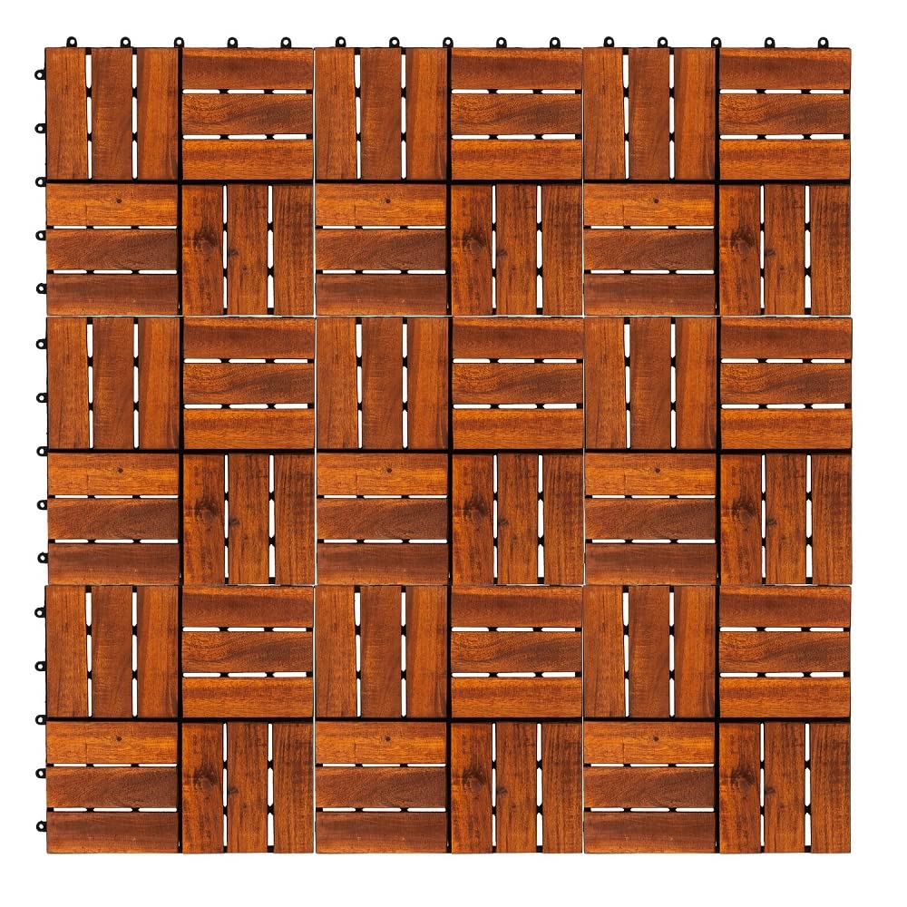YAMAZING 12'x12' Solid Wood Interlocking Flooring - Acacia Hardwood Deck Tiles (Pack of 9), Indoor & Outdoor Use, Waterproof All Weather (9 Sq Ft)