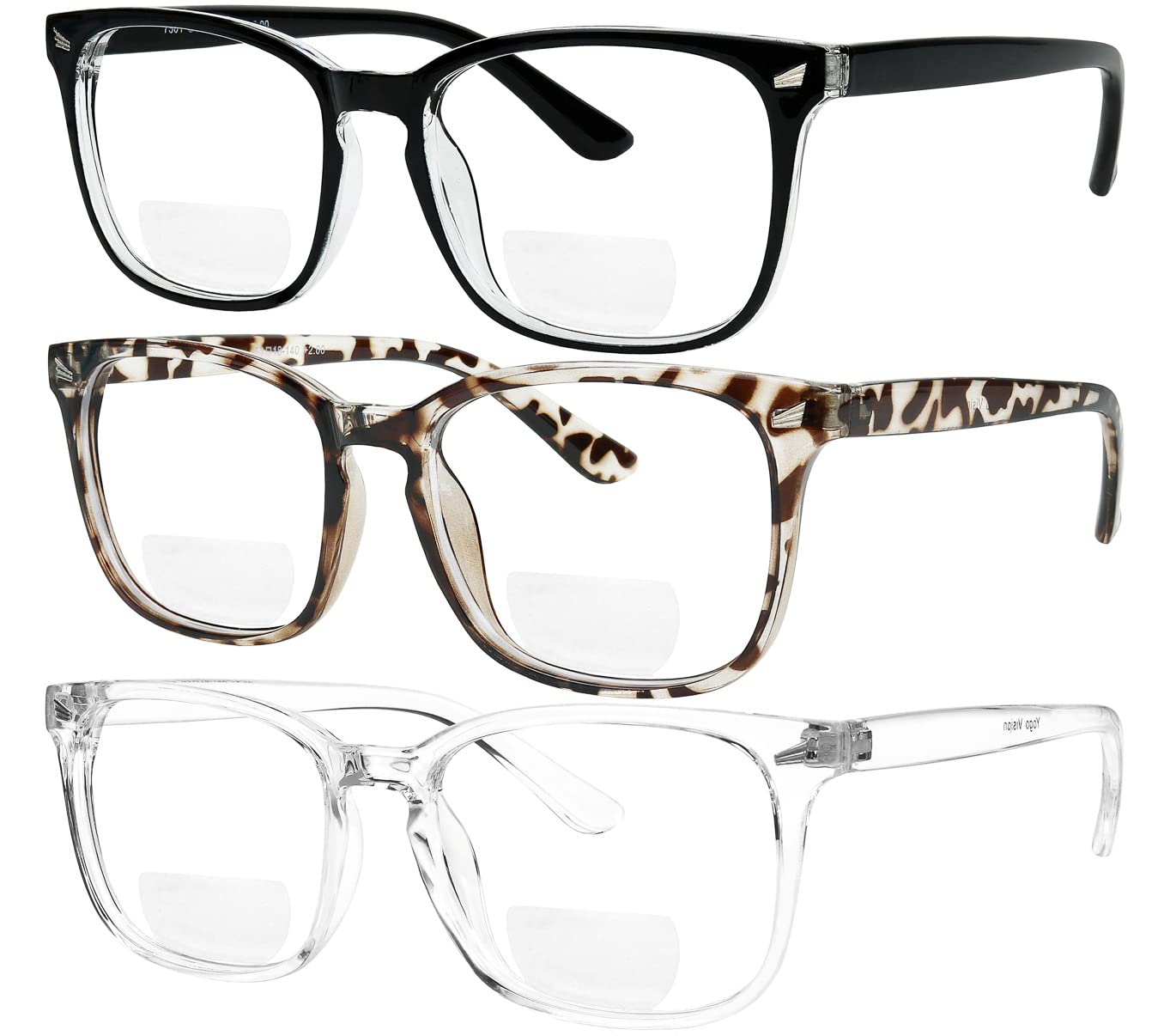 Yogo Vision Bifocal Reading Glasses for Women Men Rectangle Multifocal Readers Fashion Nerd Eyeglasses 3 Pack: Black, Clear, Grey Havana 2.75