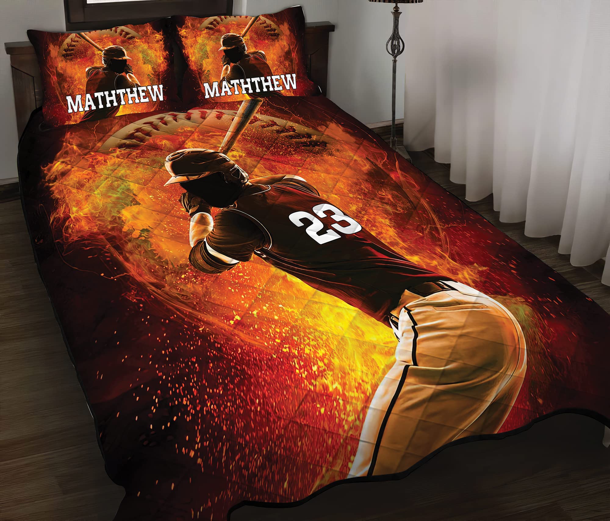 COZZBED Custom Flame Baseballer Quilt Set with Your Name, Baseball Bedding King Queen Twin Throw, Boys Baseball Comforter Set, Super Soft Lightweight All Season Baseball Blanket Bedspreads