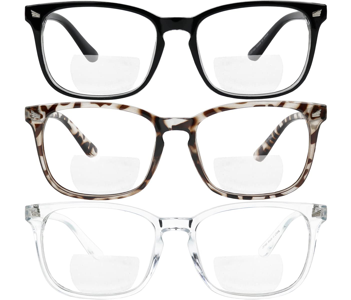Yogo Vision Bifocal Reading Glasses for Women Men Rectangle Multifocal Readers Fashion Nerd Eyeglasses 3 Pack: Black, Clear, Grey Havana 2.75