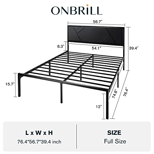 ONBRILL Full Size Modern Metal Bed Frame with Contemporary Faux Leather and Upholstered Headboard,No Box Spring Needed, Black