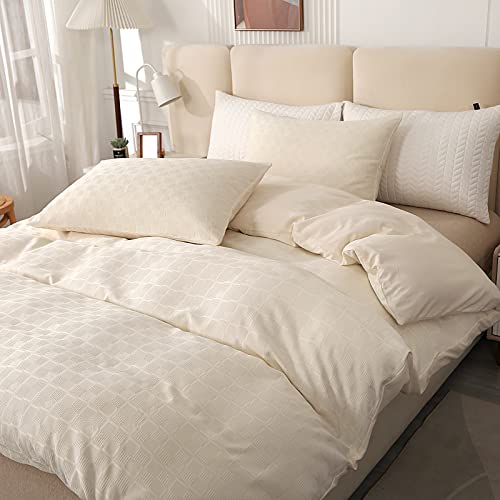 ENCOFT Waffle Duvet Cover Queen Size, Soft Microfiber Beige Cream Waffle Weave Textured Duvet Cover Set, Comforter Cover Bedding Set All Season, 90"x90"