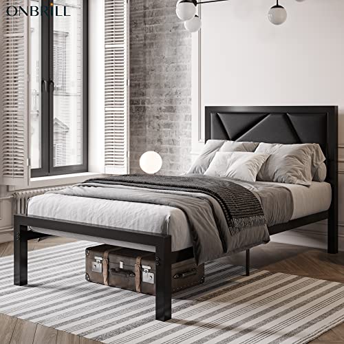 ONBRILL Full Size Modern Metal Bed Frame with Contemporary Faux Leather and Upholstered Headboard,No Box Spring Needed, Black