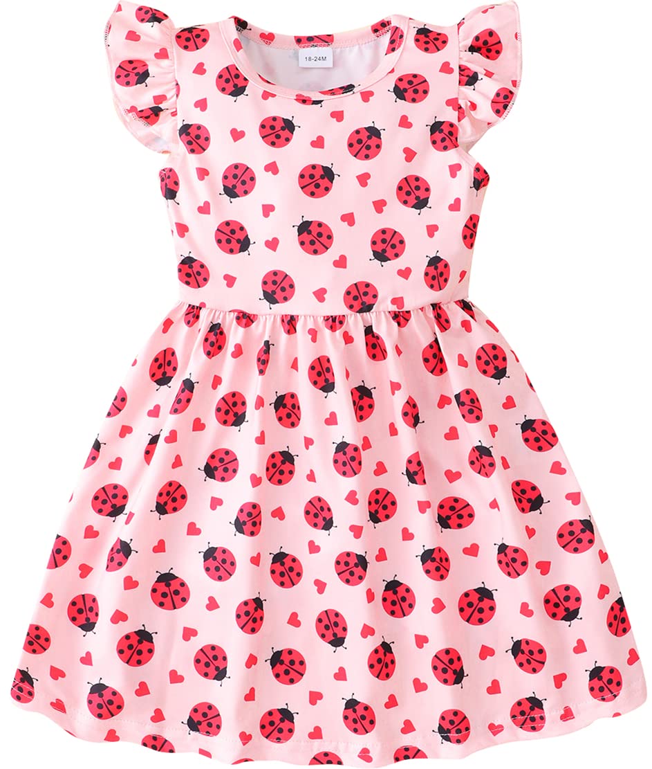 Girls Ladybug Dress Short Sleeve Ruffle Sundresses Kids Summer Outfits Animal Print Clothes Toddler Pink Swing Dresses 2-3 Years Old