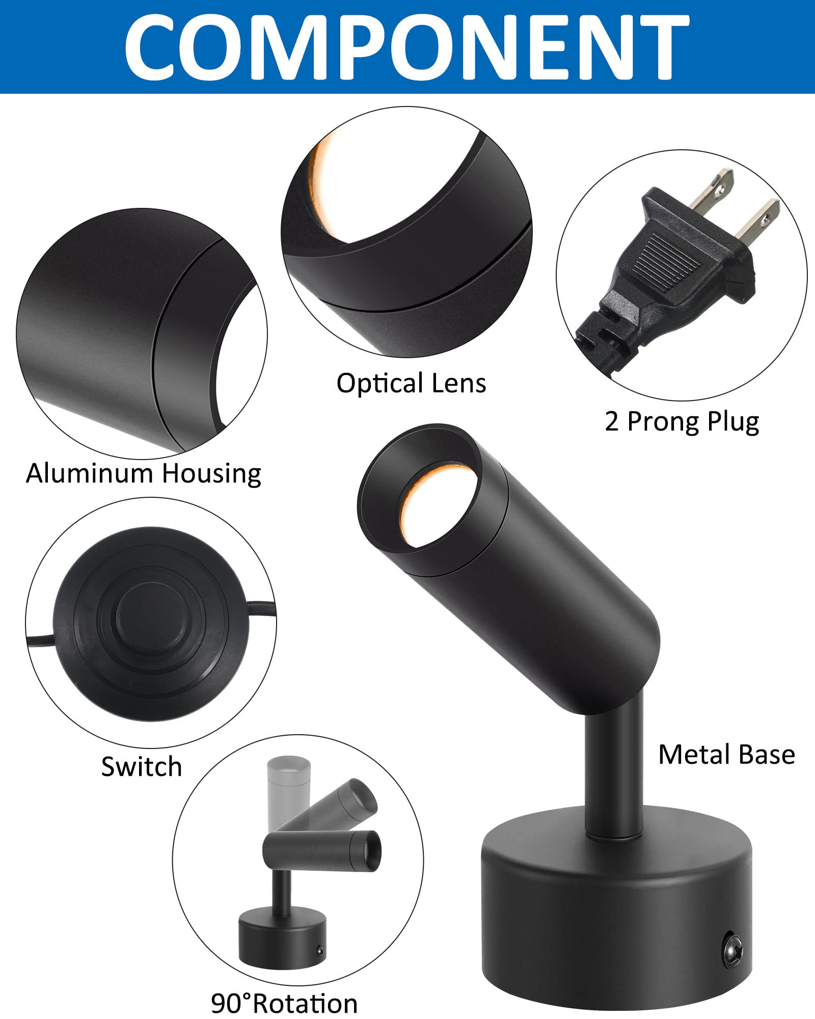 Fabbay 4 Pcs Spot Lights Indoor LED Spotlight Multi Purpose Indoor Plant Lights Portable Uplights Warm Accent Light 3W 3000K Warm Spotlight Lamp for Table Wall Decoration, Black