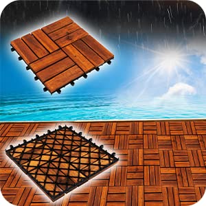 YAMAZING 12'x12' Solid Wood Interlocking Flooring - Acacia Hardwood Deck Tiles (Pack of 9), Indoor & Outdoor Use, Waterproof All Weather (9 Sq Ft)