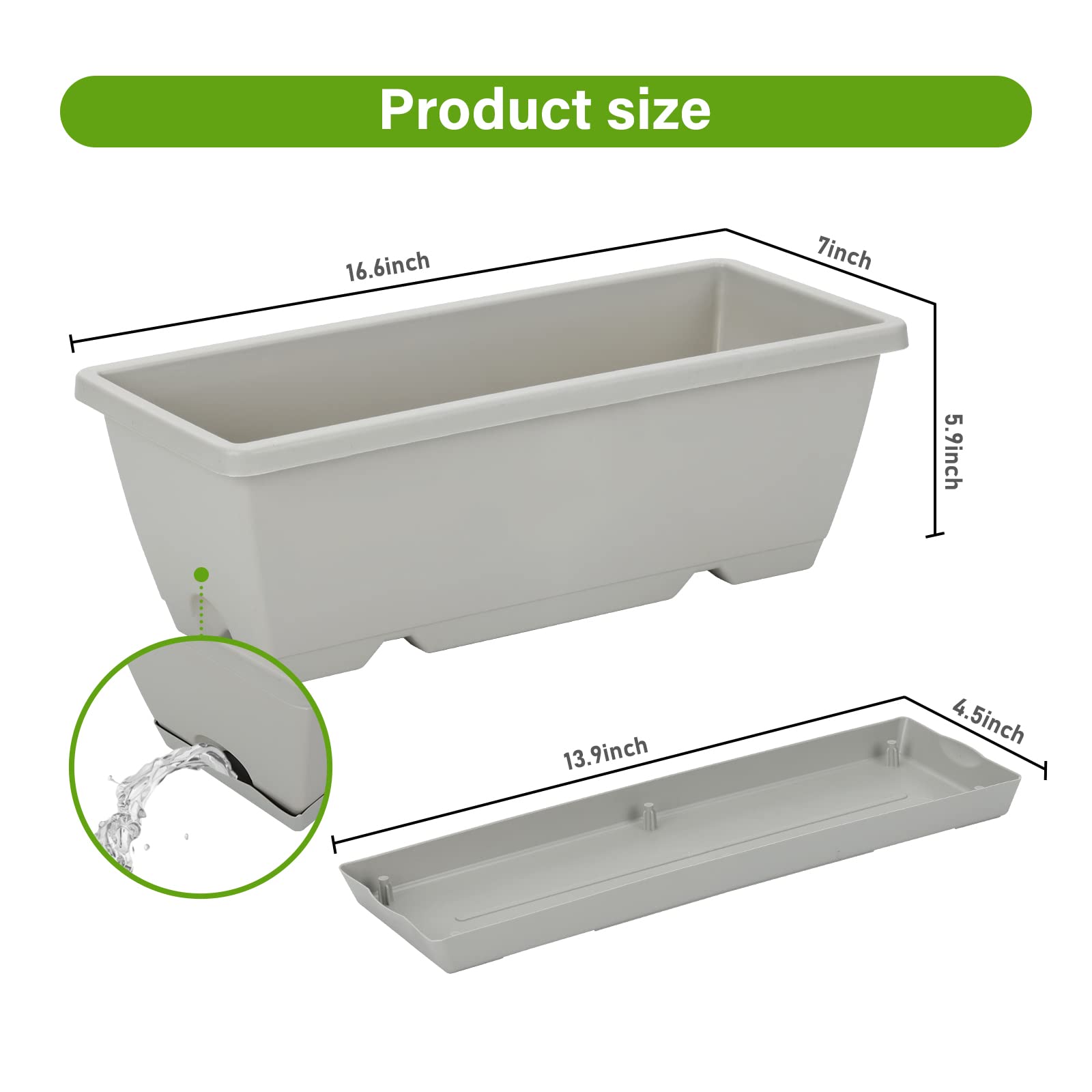 Whonline 8 Pack Window Planter Box, 17 Inches Plastic Window Boxes Rectangular Flower Vegetable Planters with Drainage Holes and Saucers for Indoor Plants Outdoor Garden Patio (Light Gray)