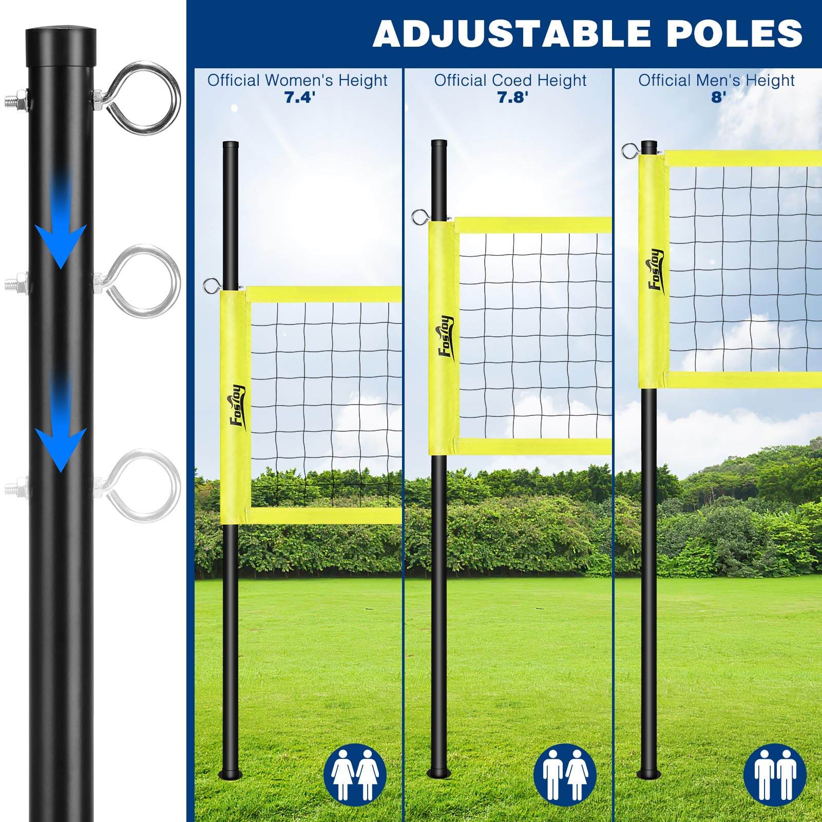 Fostoy Volleyball Net Outdoor, Professional Portable Volleyball Net Set with Adjustable Height Poles, Anti-Sag System, Soft Volleyball, Pump, Boundary Line and Carrying Bag for Backyard, Beach, Lawn