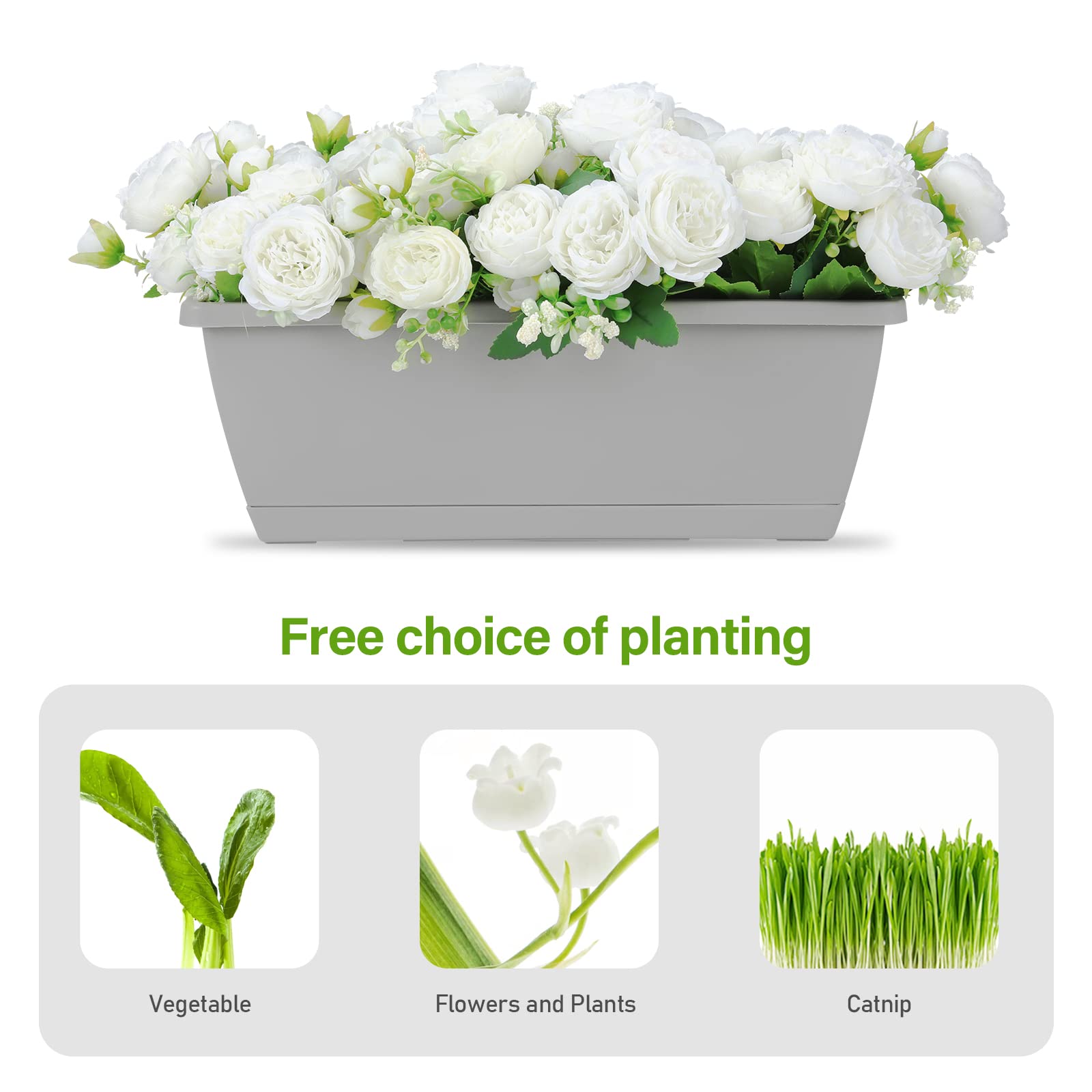 Whonline 8 Pack Window Planter Box, 17 Inches Plastic Window Boxes Rectangular Flower Vegetable Planters with Drainage Holes and Saucers for Indoor Plants Outdoor Garden Patio (Light Gray)
