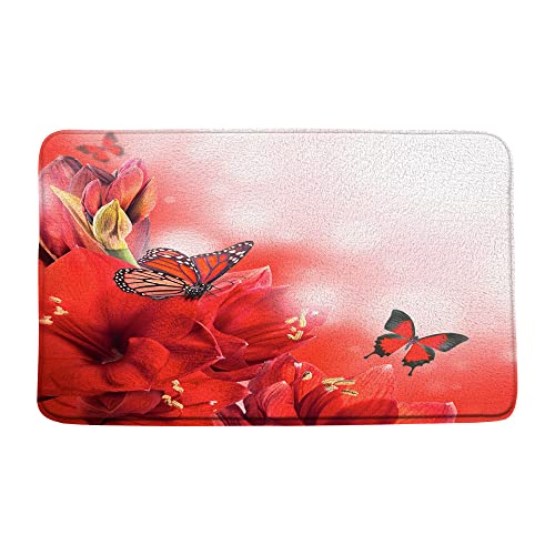 Flower Butterfly Bath Mat Red Floral Dream Spring Blossom Plant Beautiful Animal Butterflies Wings Nature Garden Scenery Bathroom Mat Rug Memory Foam Carpet Doormat(16x24 Inch)
