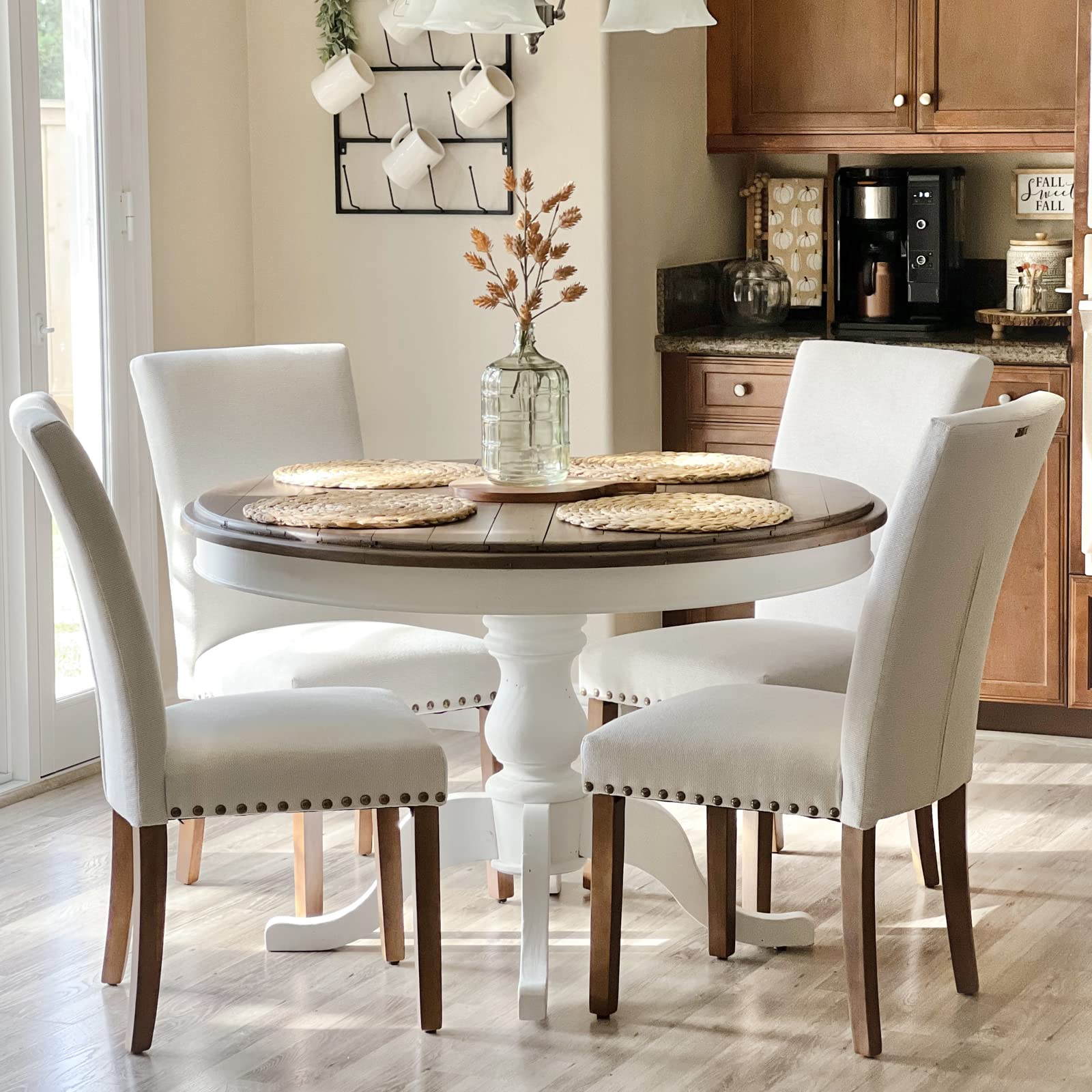 COLAMY Upholstered Fabric Dining Chairs Set of 6, High Back Padded w/Nailed Trim & Solid Wood Legs, Classic Parsons Side Chair for Home/Kitchen/Living Room-Beige