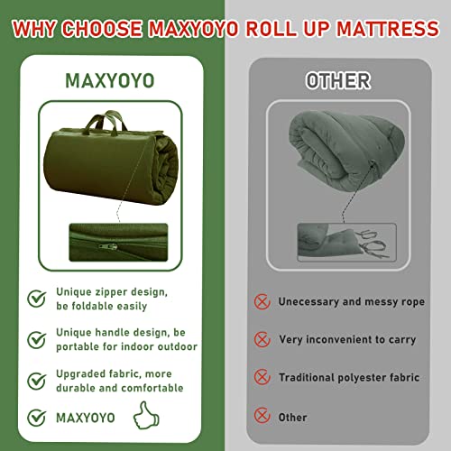 MAXYOYO Roll Up Mattress Sleeping Mat, Floor Futon for Outdoor Indoor, Upgraded Portable and Foldable Mattress, Green Twin, 75x36 Inch