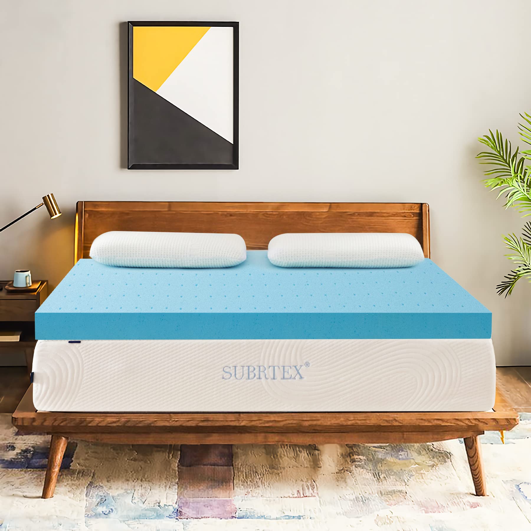 subrtex 3 Inch Memory Foam Mattress Topper Queen Gel-Infused Cooling Pad Pressure Relief Ventilated Bed Mattresses Topper, CertiPUR-US Certified,Blue