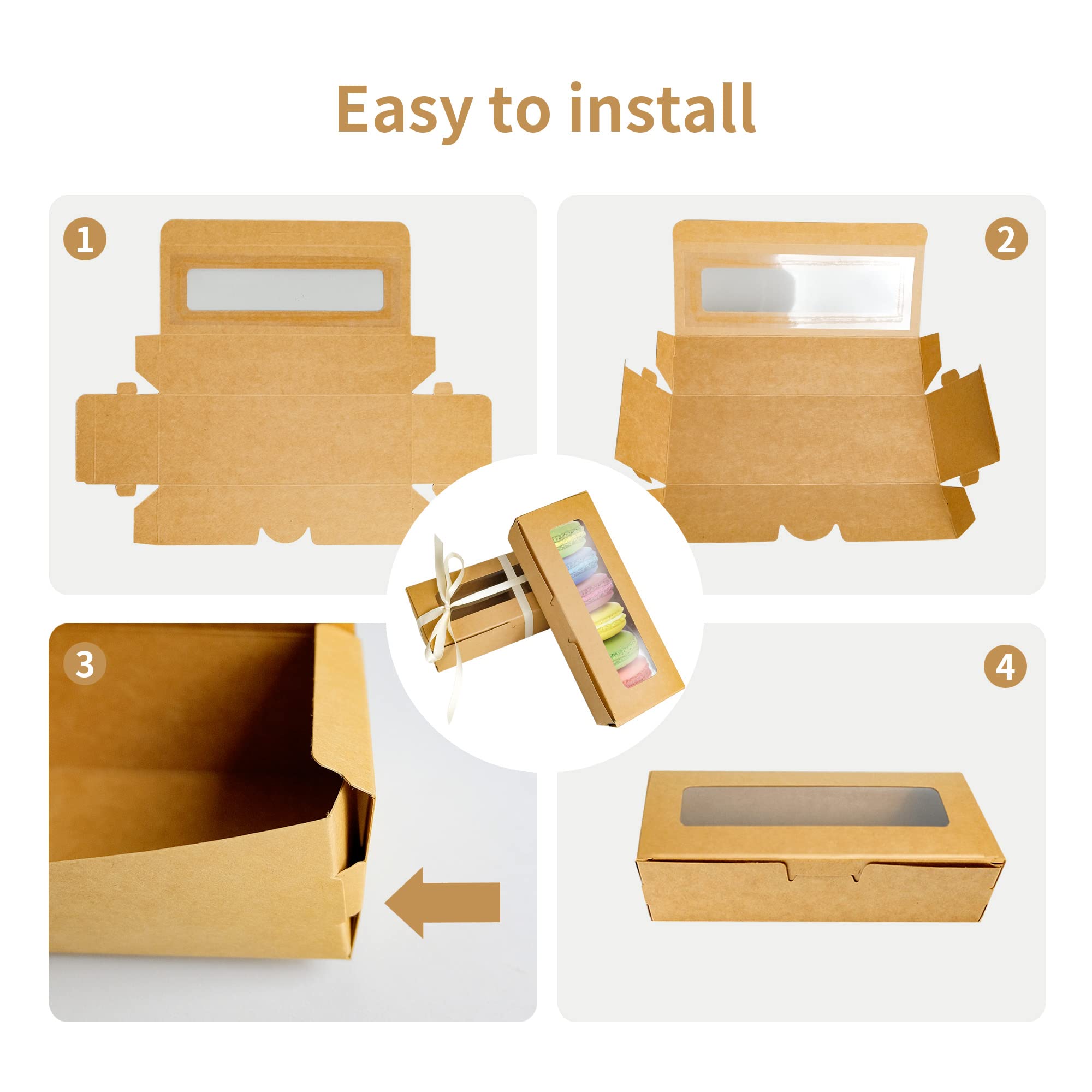 KEJJNYER 50 Pack Kraft Mcaron Boxes for 6, 8x3x2 in Chocolate Covered Strawberry Boxes with Window Mcaron Bakery Cookie Containers for Party Wedding with Ribbon