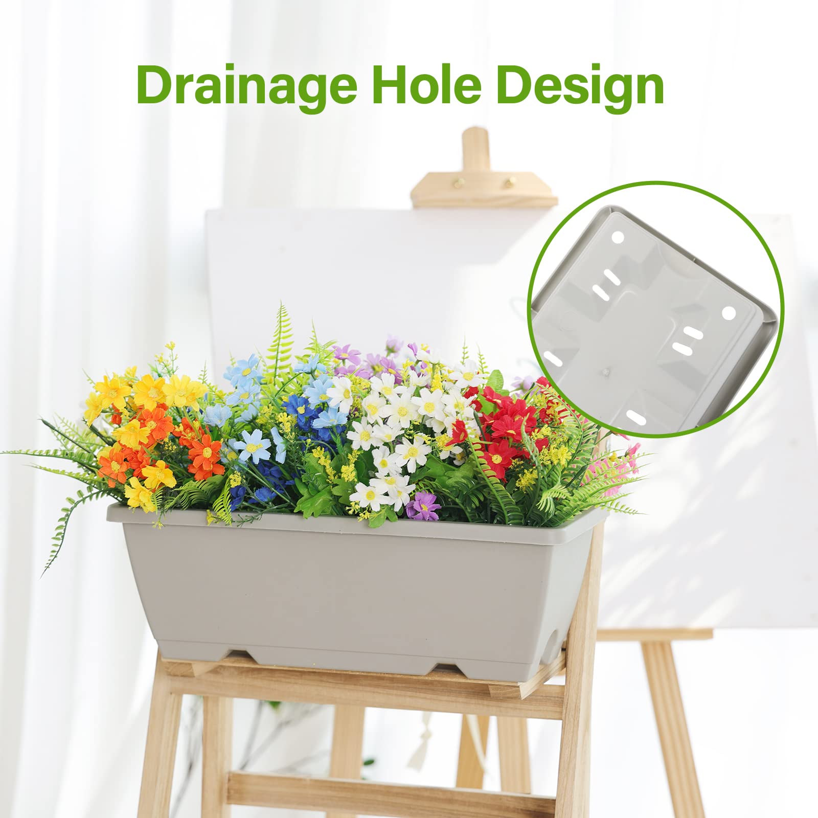 Whonline 8 Pack Window Planter Box, 17 Inches Plastic Window Boxes Rectangular Flower Vegetable Planters with Drainage Holes and Saucers for Indoor Plants Outdoor Garden Patio (Light Gray)