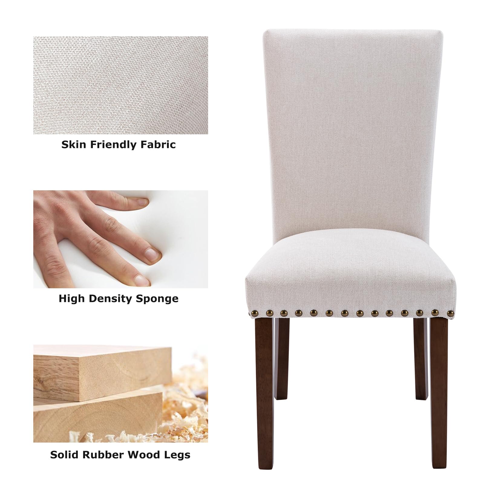 COLAMY Upholstered Fabric Dining Chairs Set of 6, High Back Padded w/Nailed Trim & Solid Wood Legs, Classic Parsons Side Chair for Home/Kitchen/Living Room-Beige
