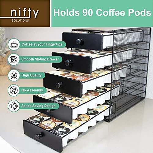 Nifty Coffee Pod Drawer β Black Satin Finish, Compatible with K-Cups, 90 Pod Pack Capacity Rack, 5-Tier Holder, XXL Storage, Stylish Home or Office Kitchen Counter Organizer
