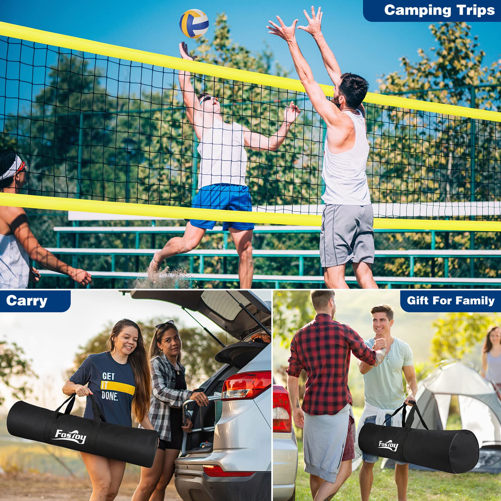 Fostoy Volleyball Net Outdoor, Professional Portable Volleyball Net Set with Adjustable Height Poles, Anti-Sag System, Soft Volleyball, Pump, Boundary Line and Carrying Bag for Backyard, Beach, Lawn