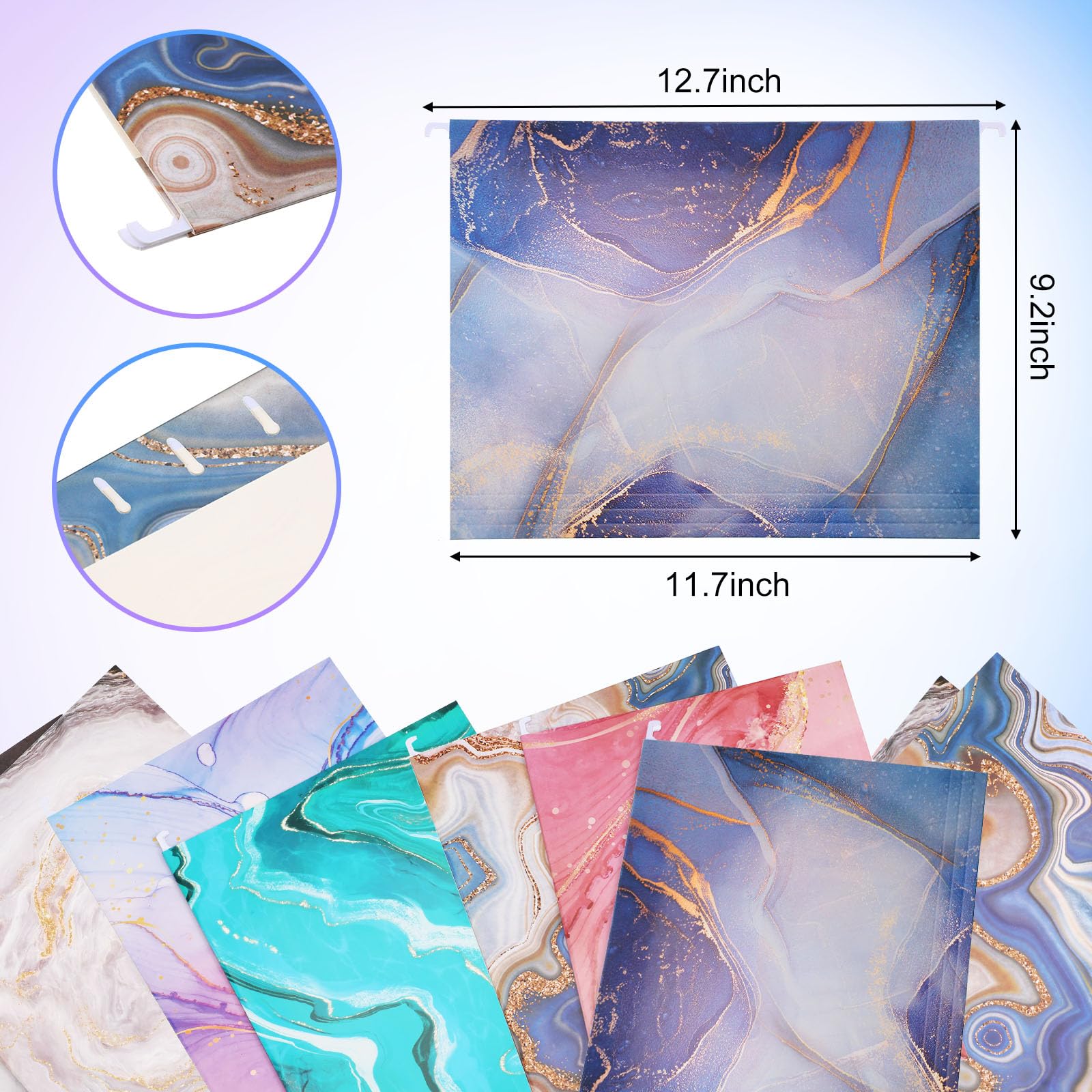 Qeeenar 30 Pcs Marble Hanging Folders with Foil Stamping Process, Including Adjustable Tabs and Inserts, Letter Size Decorative Hanging Filing Folders for Desk Office School and Home
