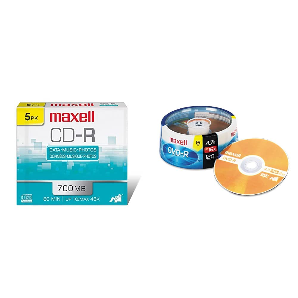 Maxell 648205 Polycarbonate Substate 700Mb 80 Min CD-Recordable Slim Jewel 5 Pack & 638006 DVD-R 4.7 Gb Spindle with 2 Hour Recording Time & Superior Recording Layer Technology, 100 Year Archival Life