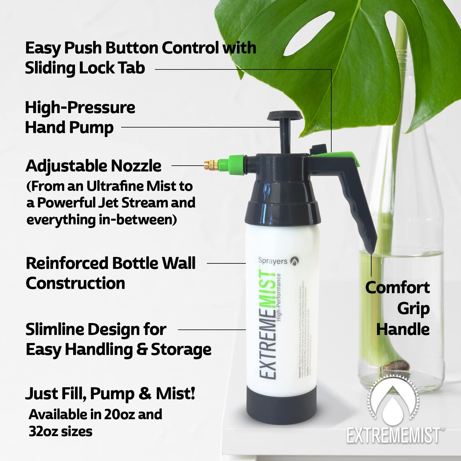 ExtremeMIST High-Performance Garden Sprayer - Ultimate Plant Mister & Spray Bottle for Plants - Horticultural Hand Pump Sprayer with Adjustable Brass Nozzle - Outdoor & Indoor Plant Humidifier - 20 Oz