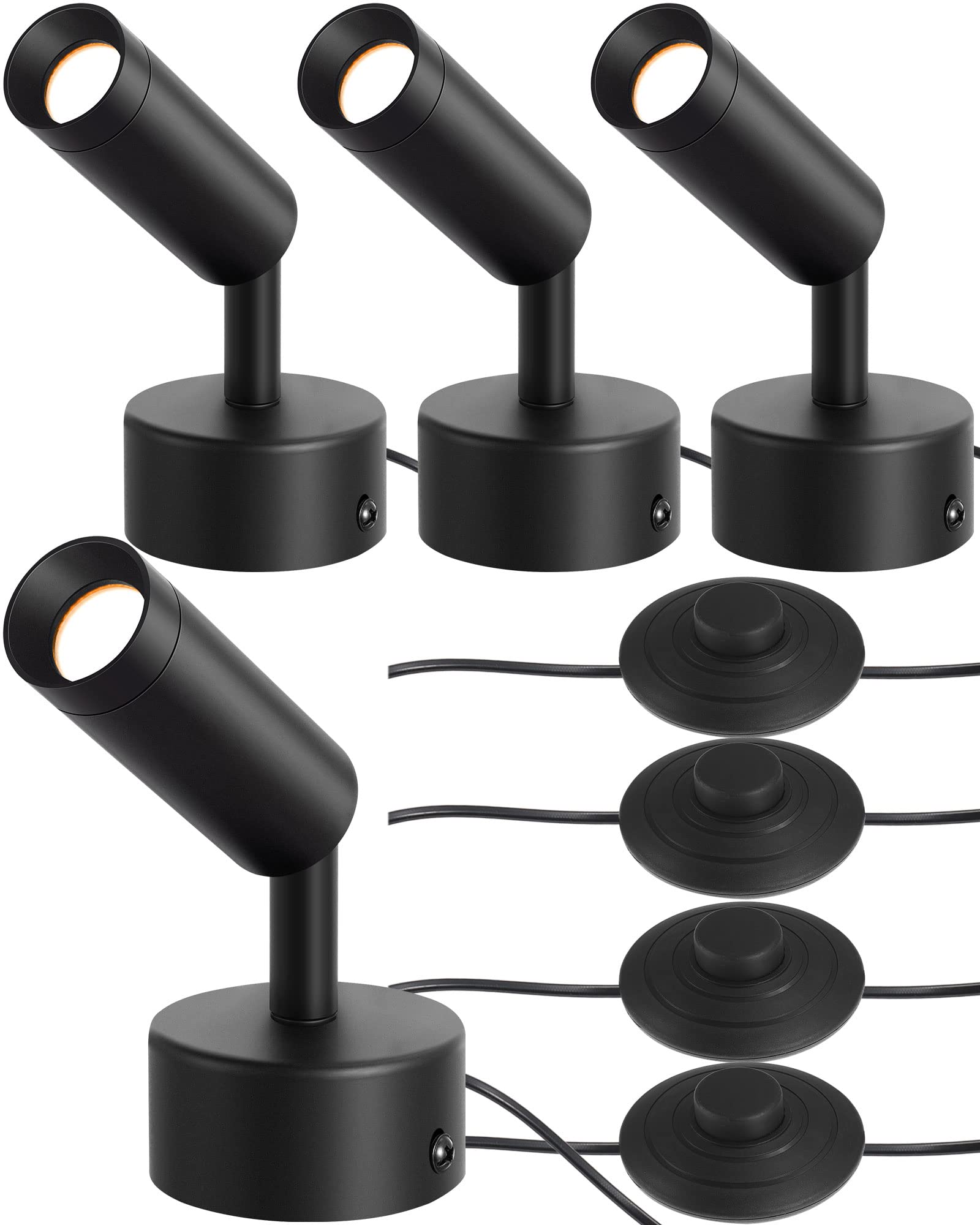 Fabbay 4 Pcs Spot Lights Indoor LED Spotlight Multi Purpose Indoor Plant Lights Portable Uplights Warm Accent Light 3W 3000K Warm Spotlight Lamp for Table Wall Decoration, Black