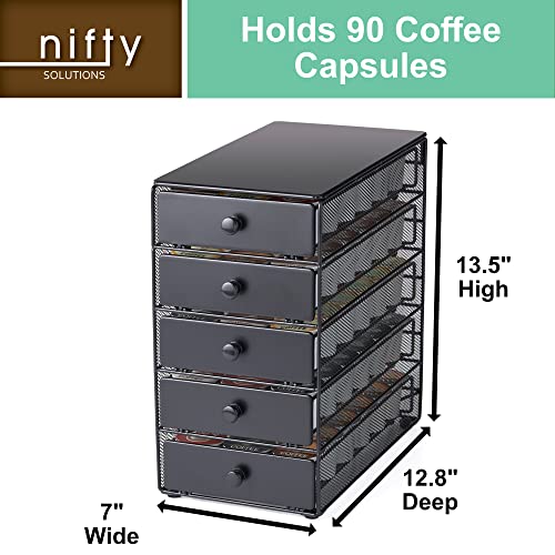 Nifty Coffee Pod Drawer β Black Satin Finish, Compatible with K-Cups, 90 Pod Pack Capacity Rack, 5-Tier Holder, XXL Storage, Stylish Home or Office Kitchen Counter Organizer