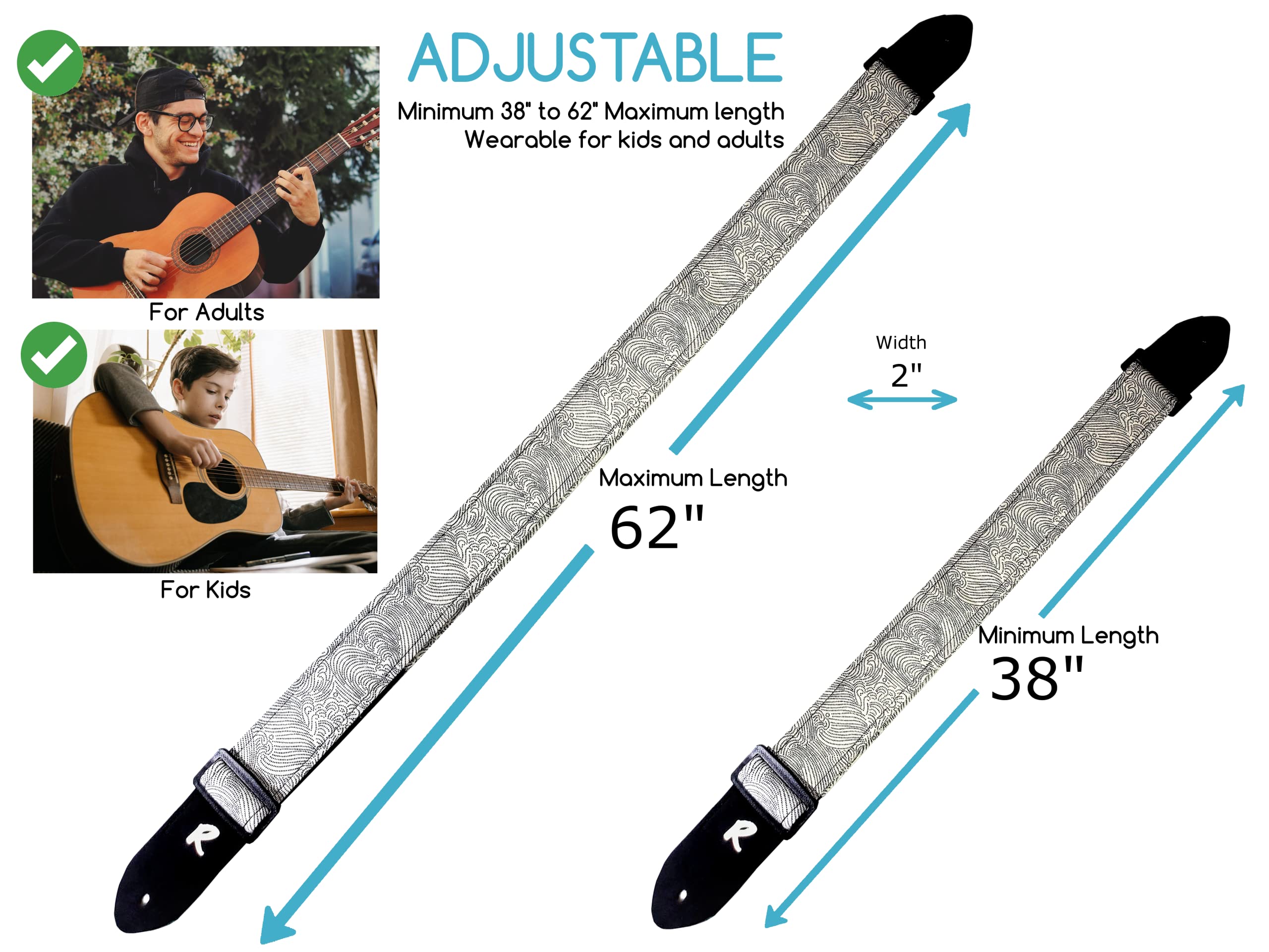 Cherry Guitar Strap, Cherries on White, Genuine Leather Ends, Includes 2 Strap Locks & 1 Pick. Adjustable Strap, Pick Pocket, For Bass, Electric & Acoustic Guitars Gift for Guitar Players, Women & Kid