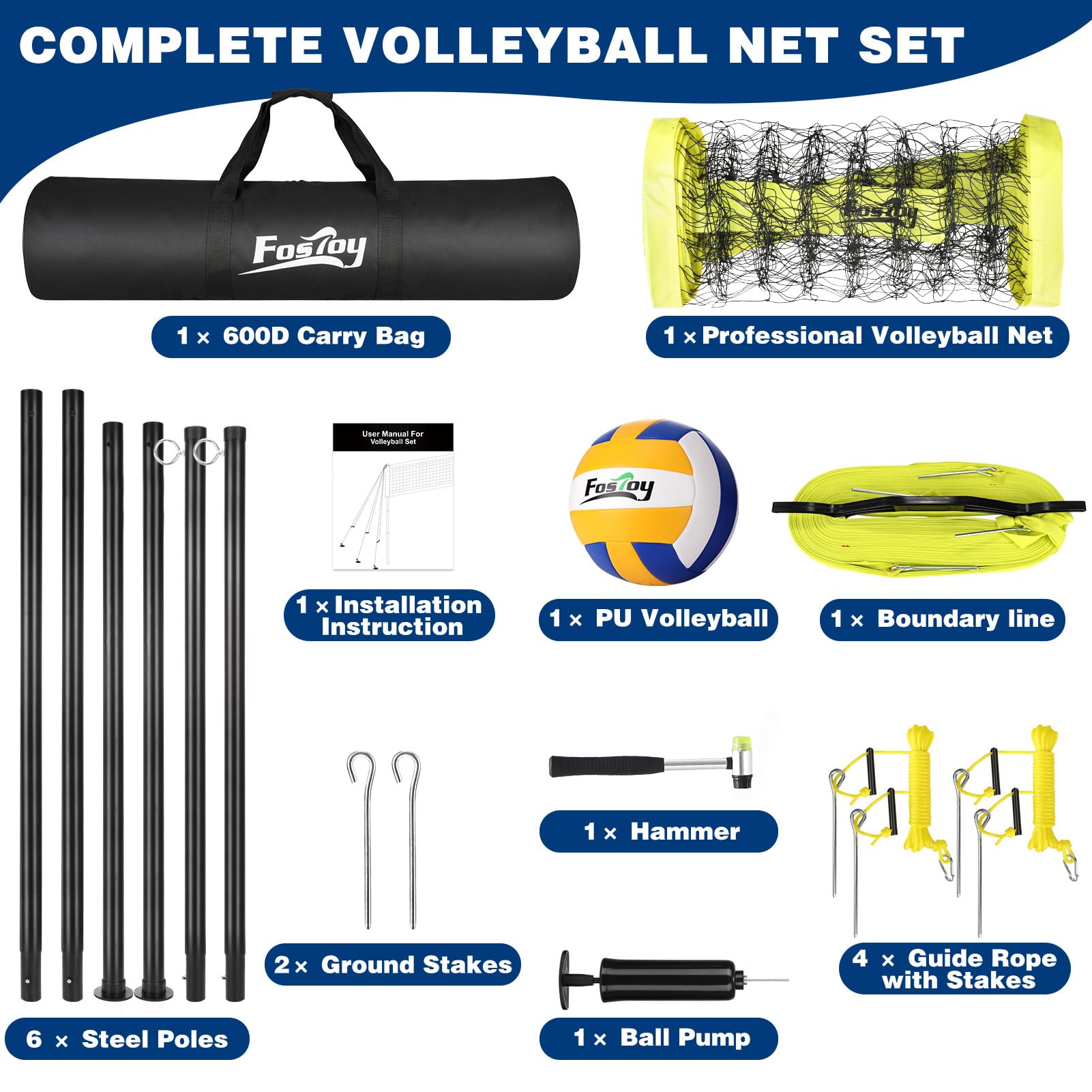 Fostoy Volleyball Net Outdoor, Professional Portable Volleyball Net Set with Adjustable Height Poles, Anti-Sag System, Soft Volleyball, Pump, Boundary Line and Carrying Bag for Backyard, Beach, Lawn