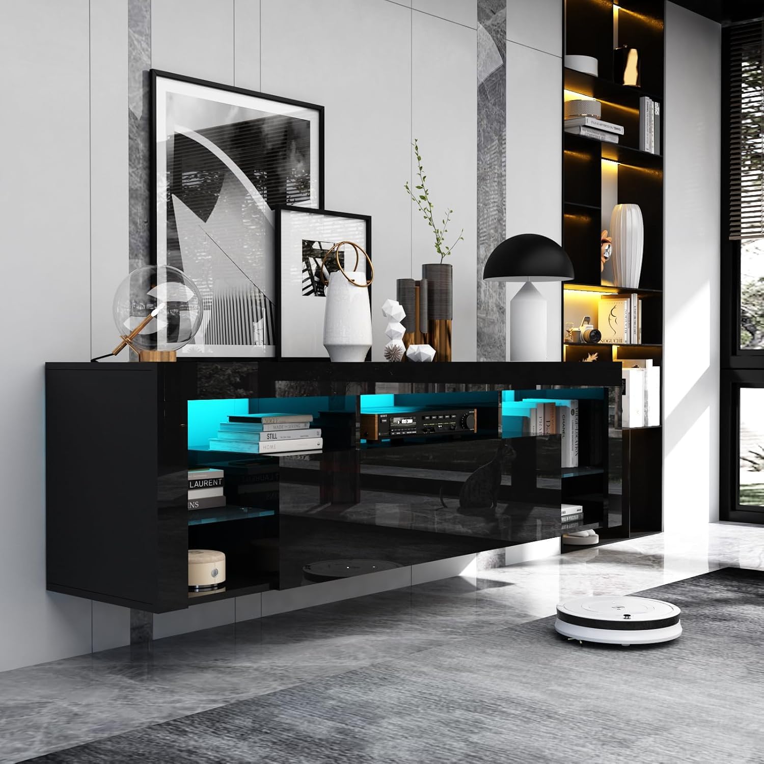 Gitua Floating TV Stand Wall Mounted, High Gloss LED Floating Entertainment Center with Storage&Adjustable Glass Shelf, TV Stand for 65 Inch TV, Gaming Media Center Console Table with Lights, Black
