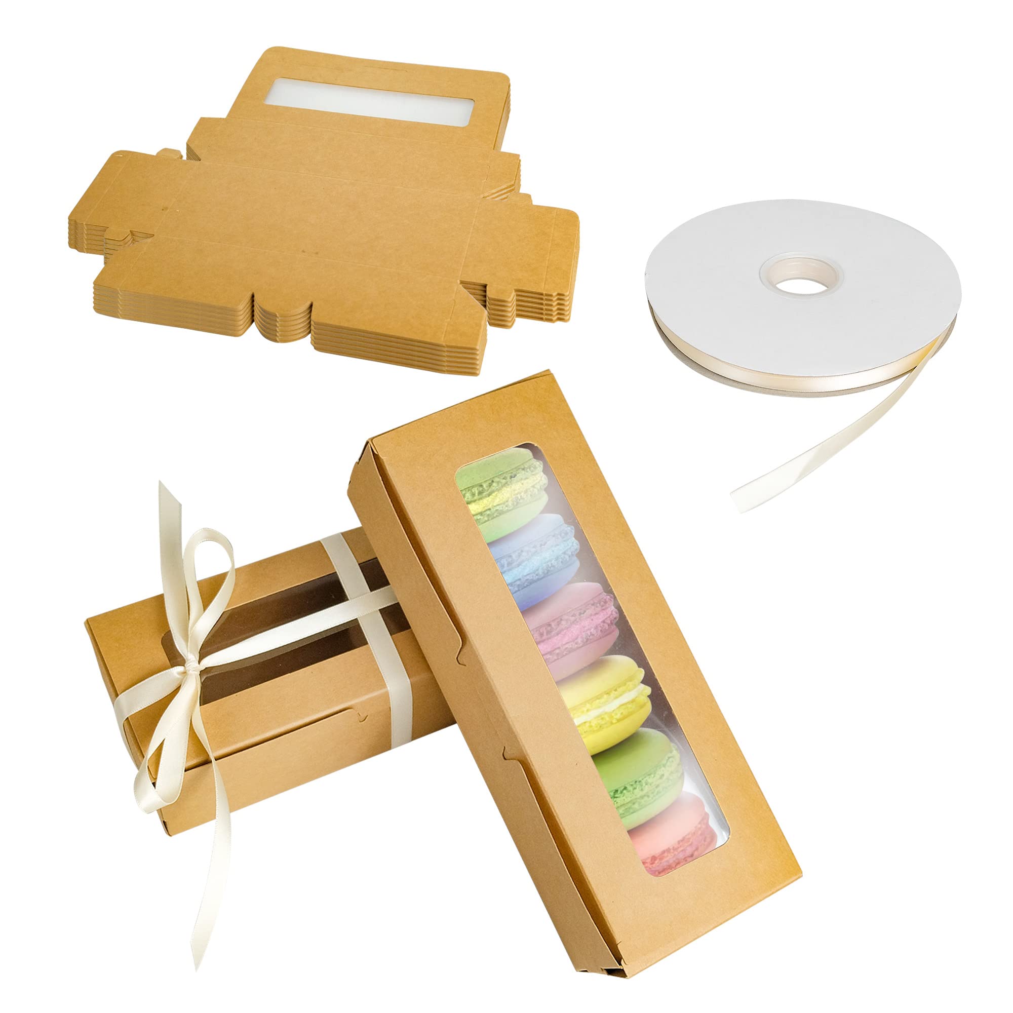KEJJNYER 50 Pack Kraft Mcaron Boxes for 6, 8x3x2 in Chocolate Covered Strawberry Boxes with Window Mcaron Bakery Cookie Containers for Party Wedding with Ribbon