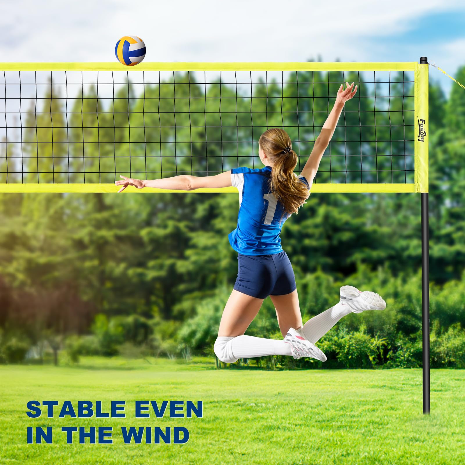 Fostoy Volleyball Net Outdoor, Professional Portable Volleyball Net Set with Adjustable Height Poles, Anti-Sag System, Soft Volleyball, Pump, Boundary Line and Carrying Bag for Backyard, Beach, Lawn