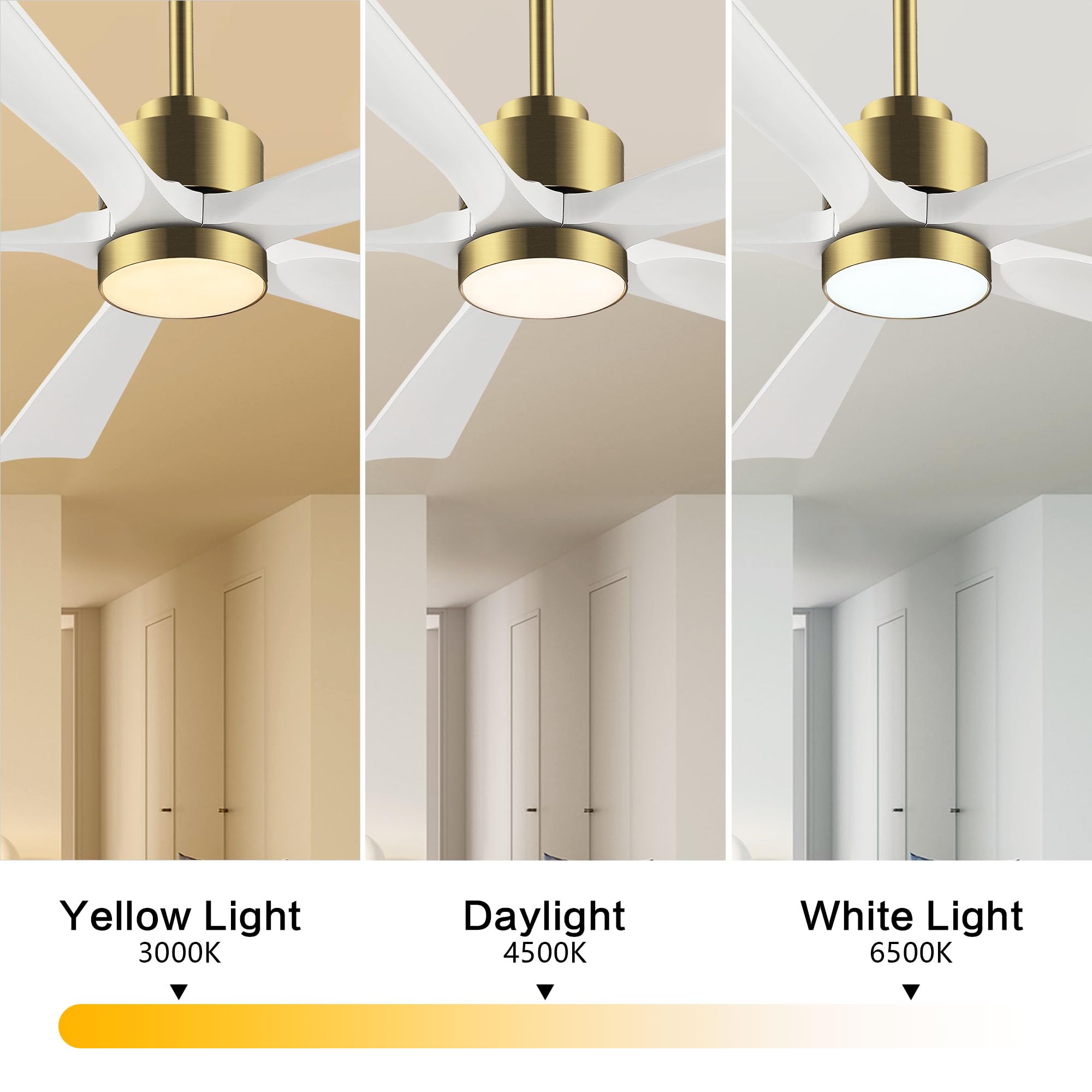 ELEHINSER 60" Modern Ceiling Fan with Lights and Remote Control, 5 Solid Wood Blades 6-Speed Noiseless Reversible DC Motor, Ceiling Fan for Bedroom Dinning Living Room, Gold Finish with White Blade