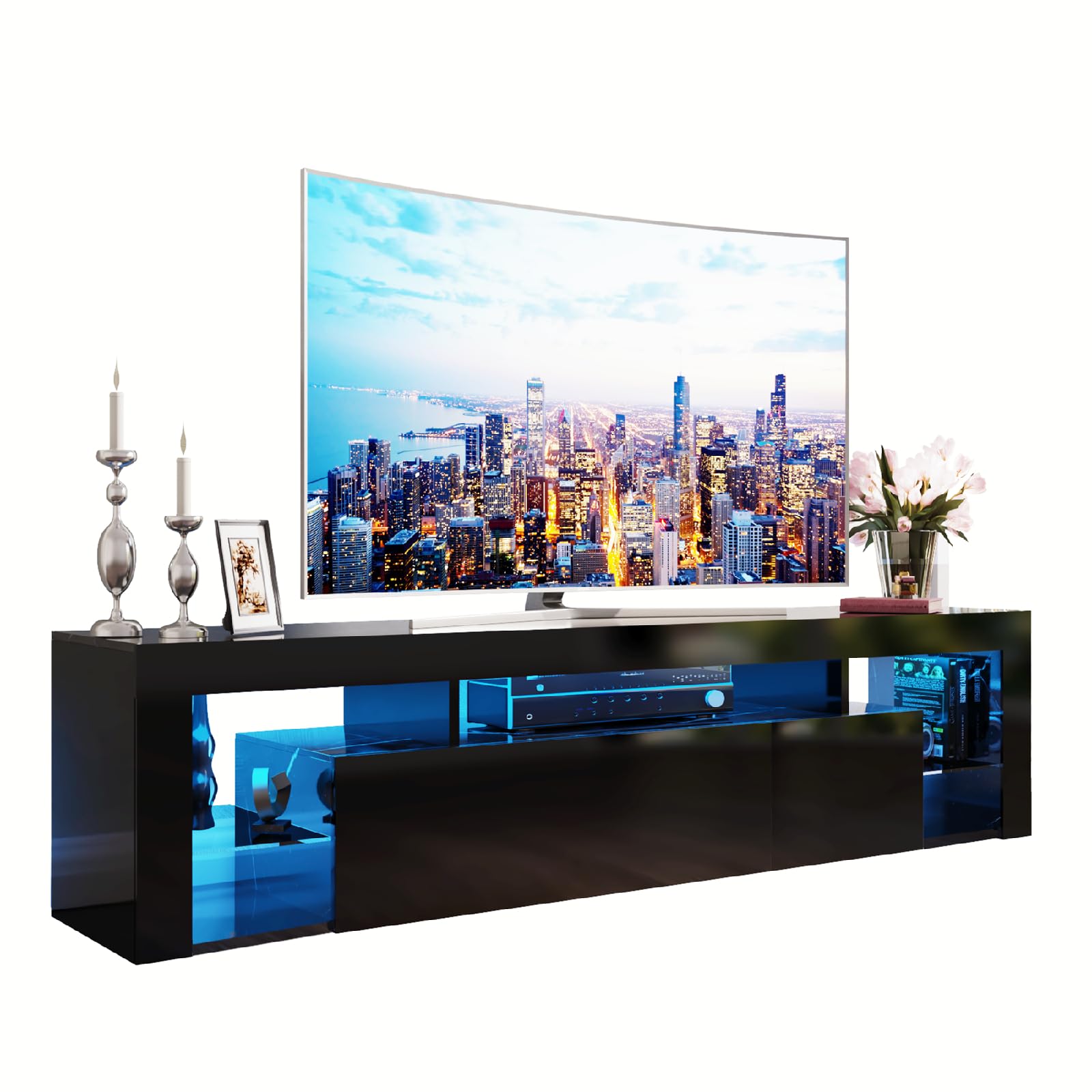 Gitua Floating TV Stand Wall Mounted, High Gloss LED Floating Entertainment Center with Storage&Adjustable Glass Shelf, TV Stand for 65 Inch TV, Gaming Media Center Console Table with Lights, Black