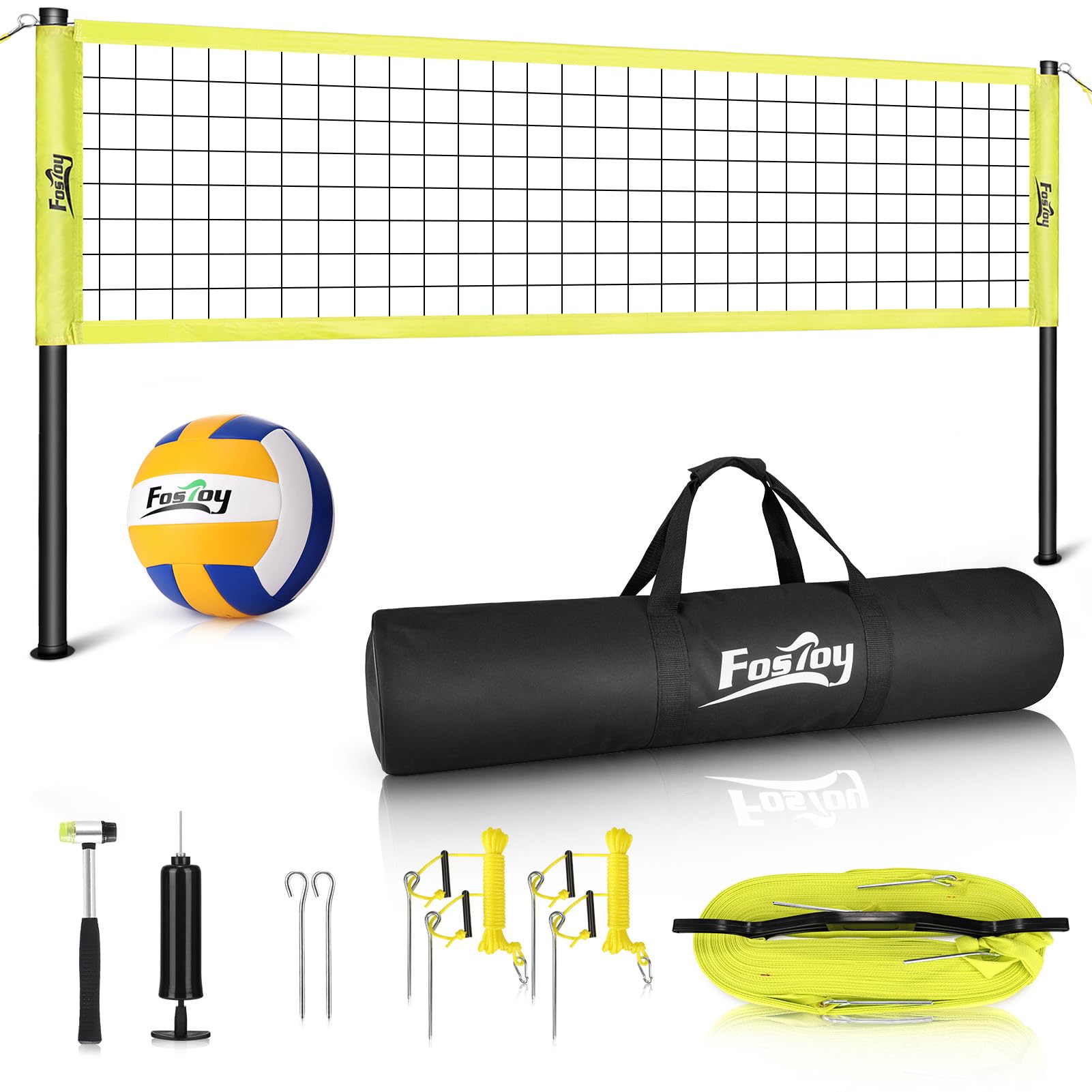 Fostoy Volleyball Net Outdoor, Professional Portable Volleyball Net Set with Adjustable Height Poles, Anti-Sag System, Soft Volleyball, Pump, Boundary Line and Carrying Bag for Backyard, Beach, Lawn