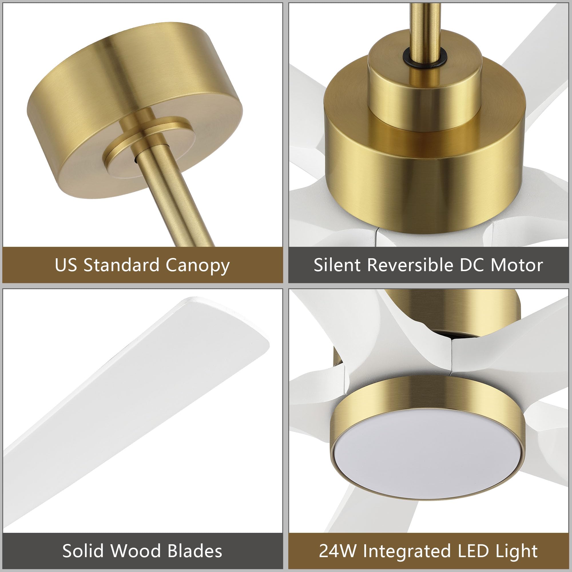 ELEHINSER 60" Modern Ceiling Fan with Lights and Remote Control, 5 Solid Wood Blades 6-Speed Noiseless Reversible DC Motor, Ceiling Fan for Bedroom Dinning Living Room, Gold Finish with White Blade