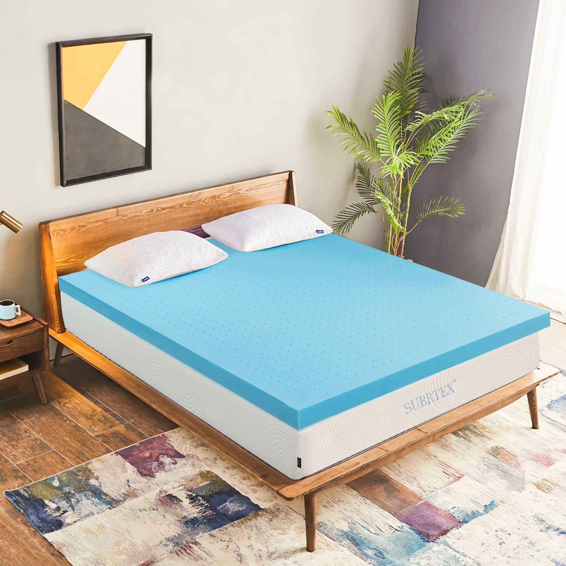 subrtex 3 Inch Memory Foam Mattress Topper Queen Gel-Infused Cooling Pad Pressure Relief Ventilated Bed Mattresses Topper, CertiPUR-US Certified,Blue
